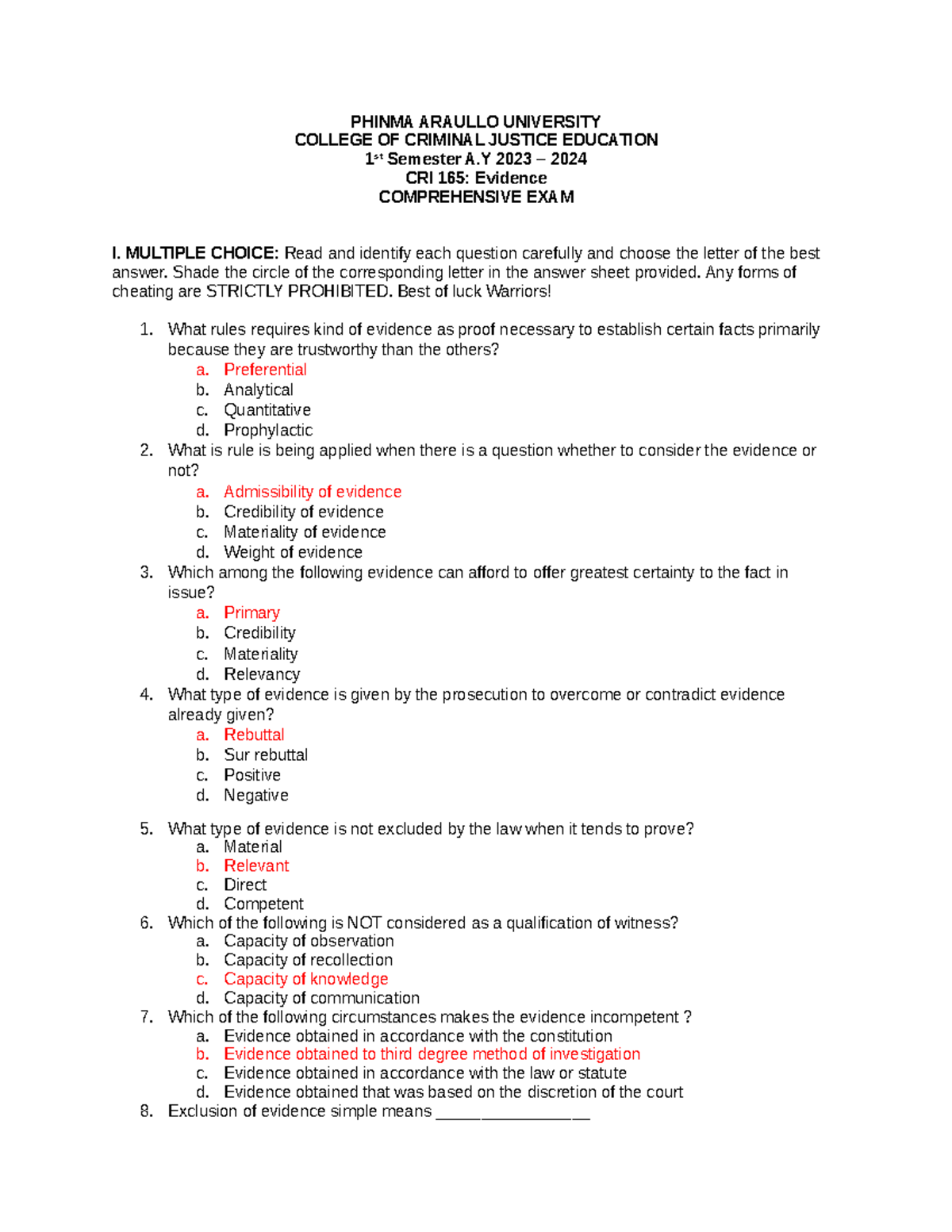 CRI 165: Evidence - Comprehensive Exam I Reviewer - Studocu