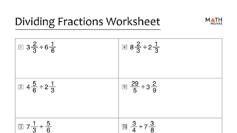 Dividing Fractions Worksheet MATH MONKS 1 8 2 9 29 3 736 - Studocu