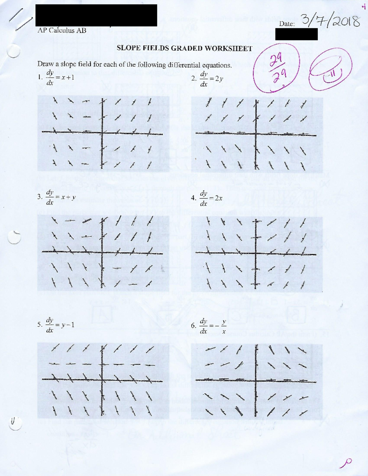 Slope Fields Graded Worksheet - 4 Date: AP Calculus AB SLOPE FIELDS ...