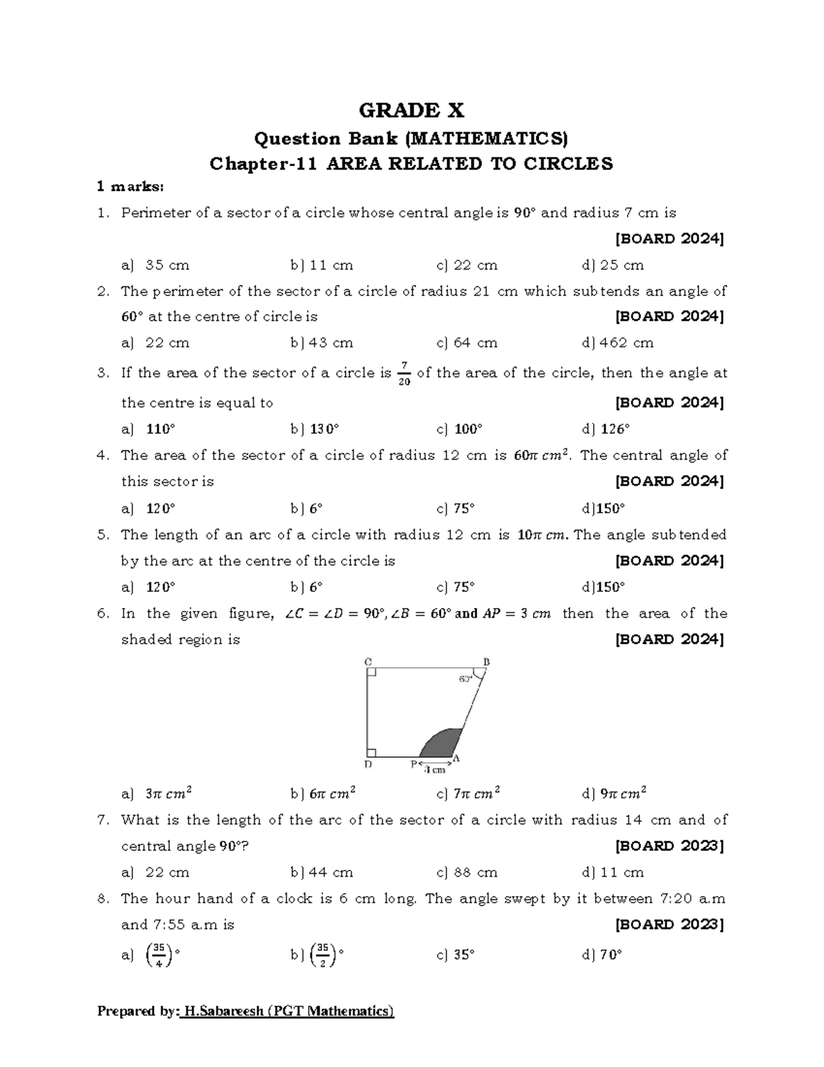 GRADE X Mathematics Question Bank: Area Related to Circles - Studocu