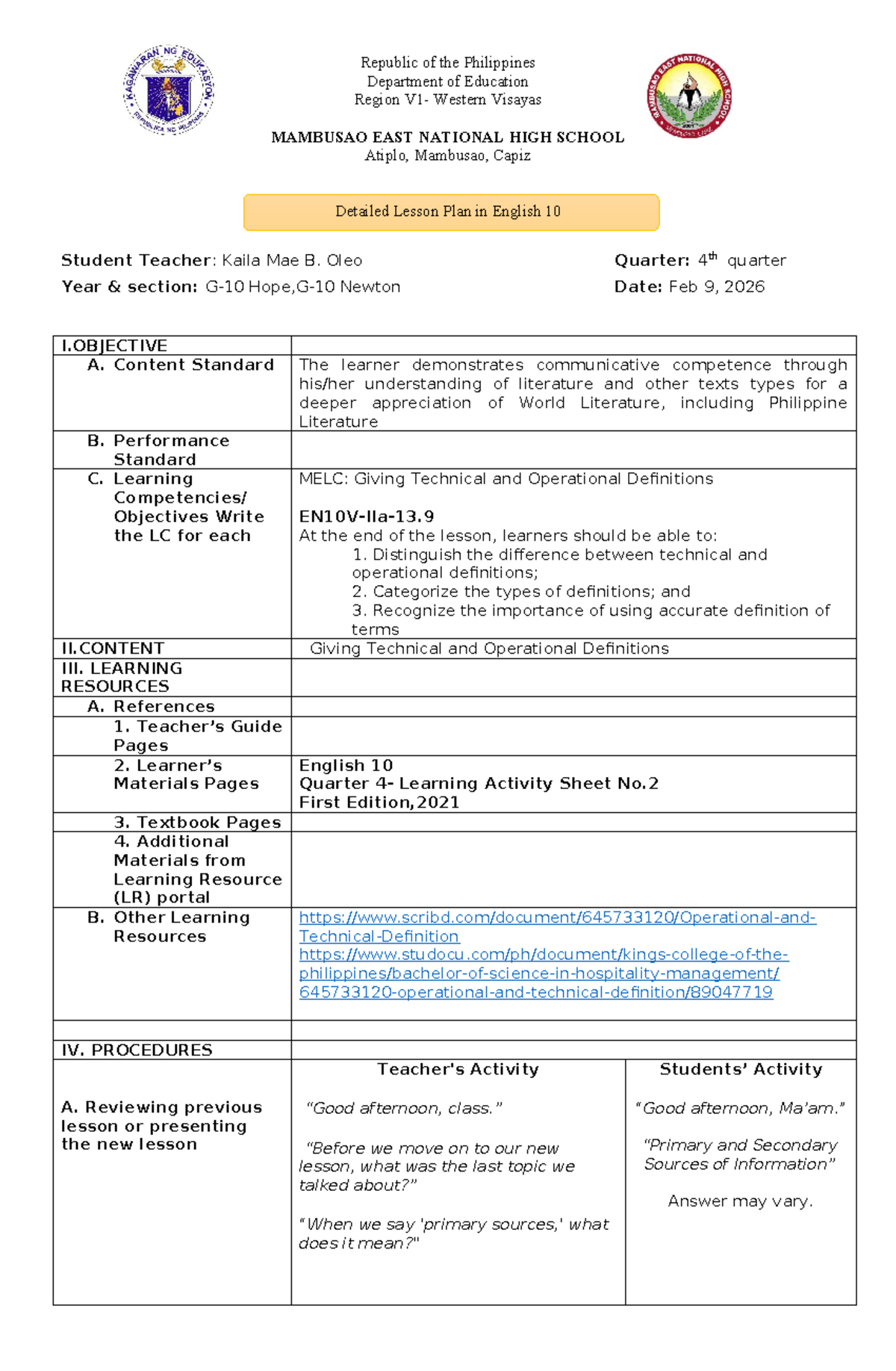 Lesson Plan: English 10 - Technical & Operational Definitions (4th Qtr ...