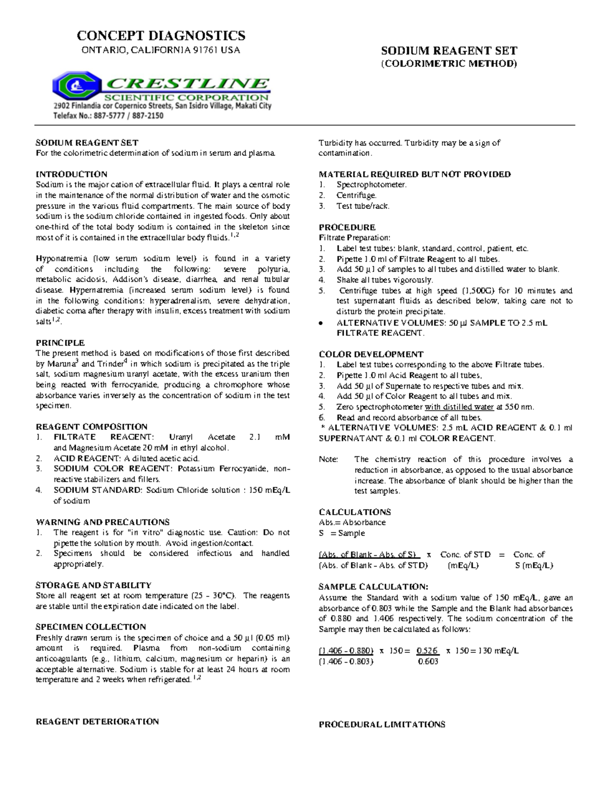 Sodium Reagent Set Colorimetric Method: Diagnostic Procedures and ...
