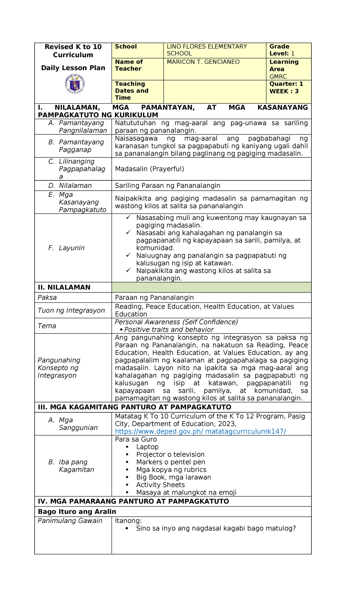 Q1 W3 Lesson Plan for Grade 1 GMRC at Lino Flores Elementary School ...