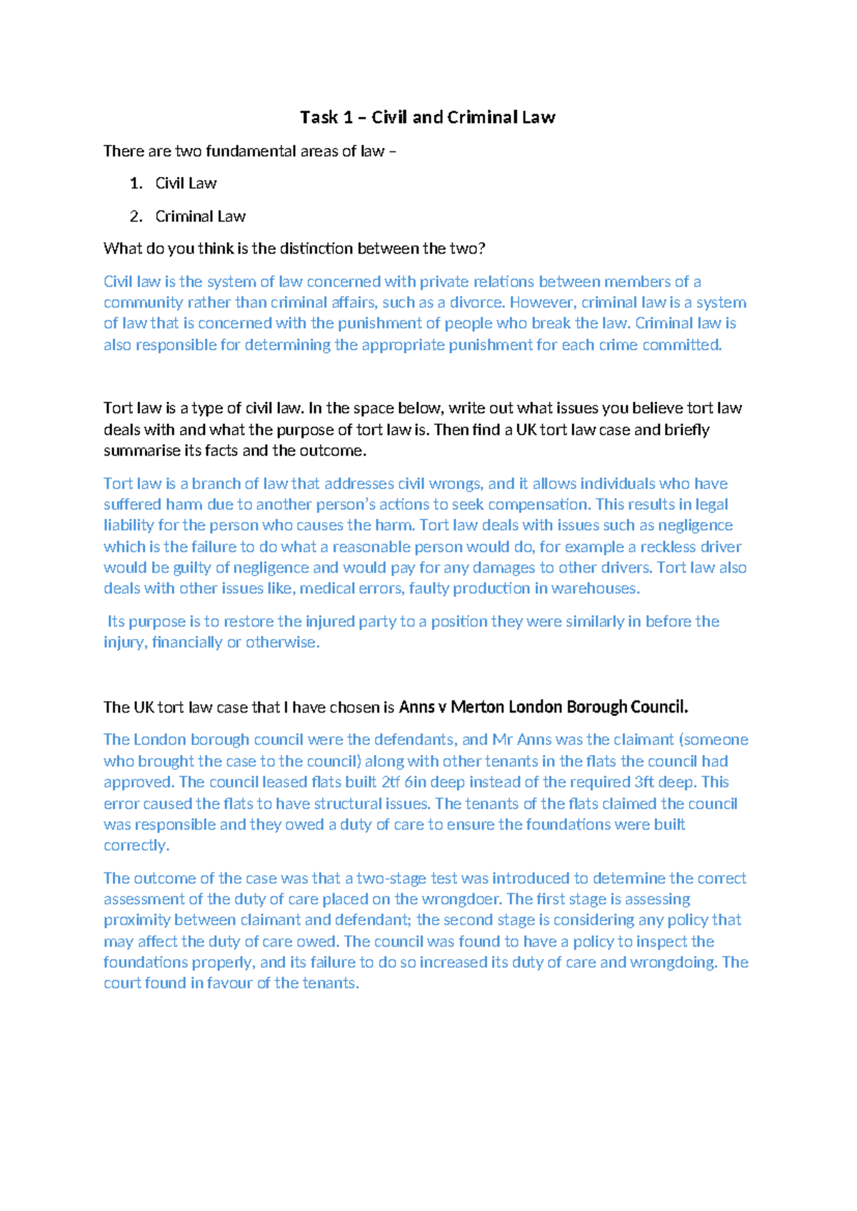 A Level Law Summer Work: Civil & Criminal Law Overview - Studocu
