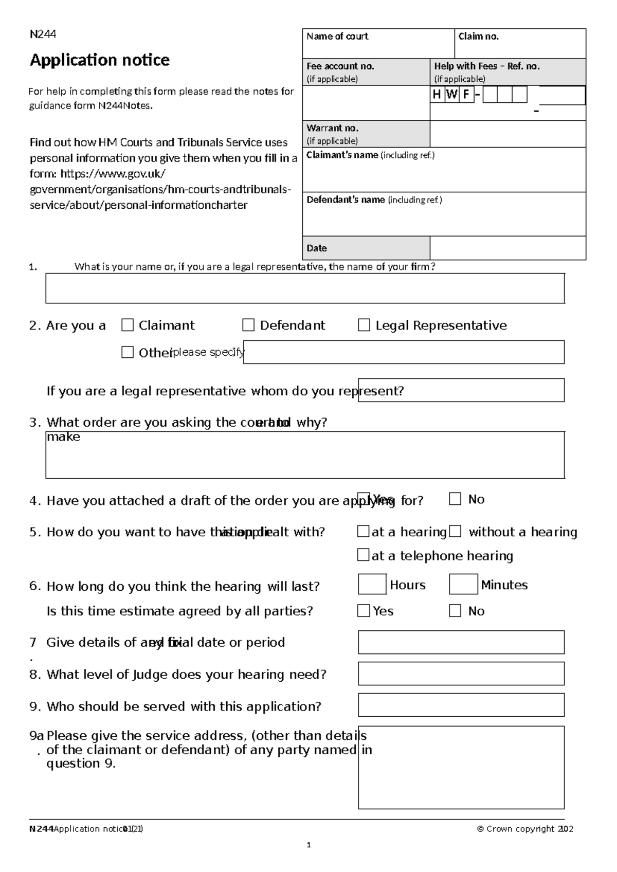 N244 - Personal Injury Application Notice Form Instructions - Studocu