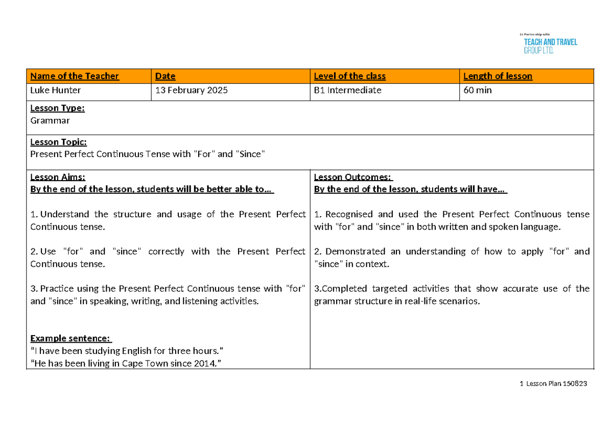 B1 Grammar Lesson Plan: Present Perfect Continuous Tense (150823) - Studocu