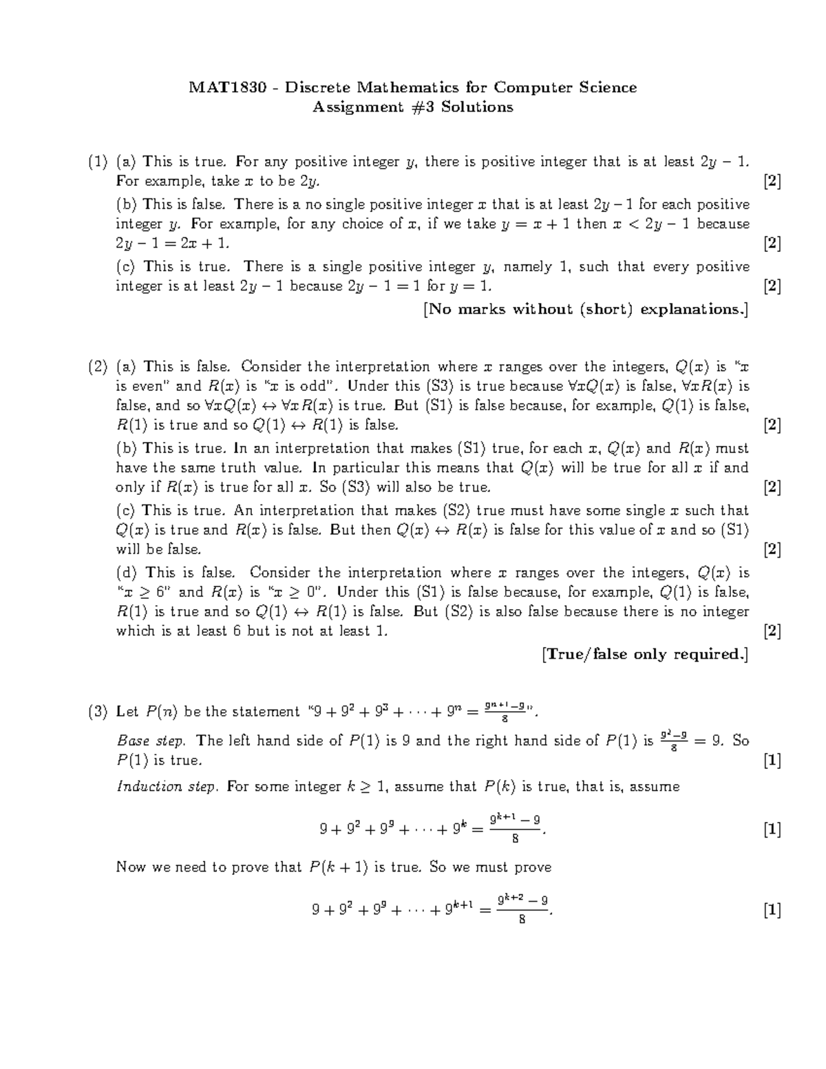 Assignment 3 Solutions - MAT1830 - Discrete Mathematics for Computer Science Assignment #3 - Studocu