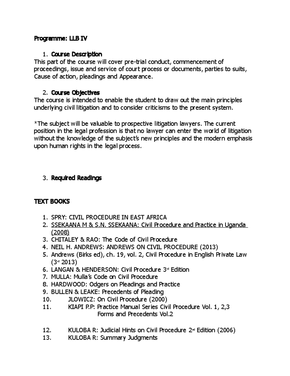 Civil procedure reading list - Programme: LLB IV Course Description ...
