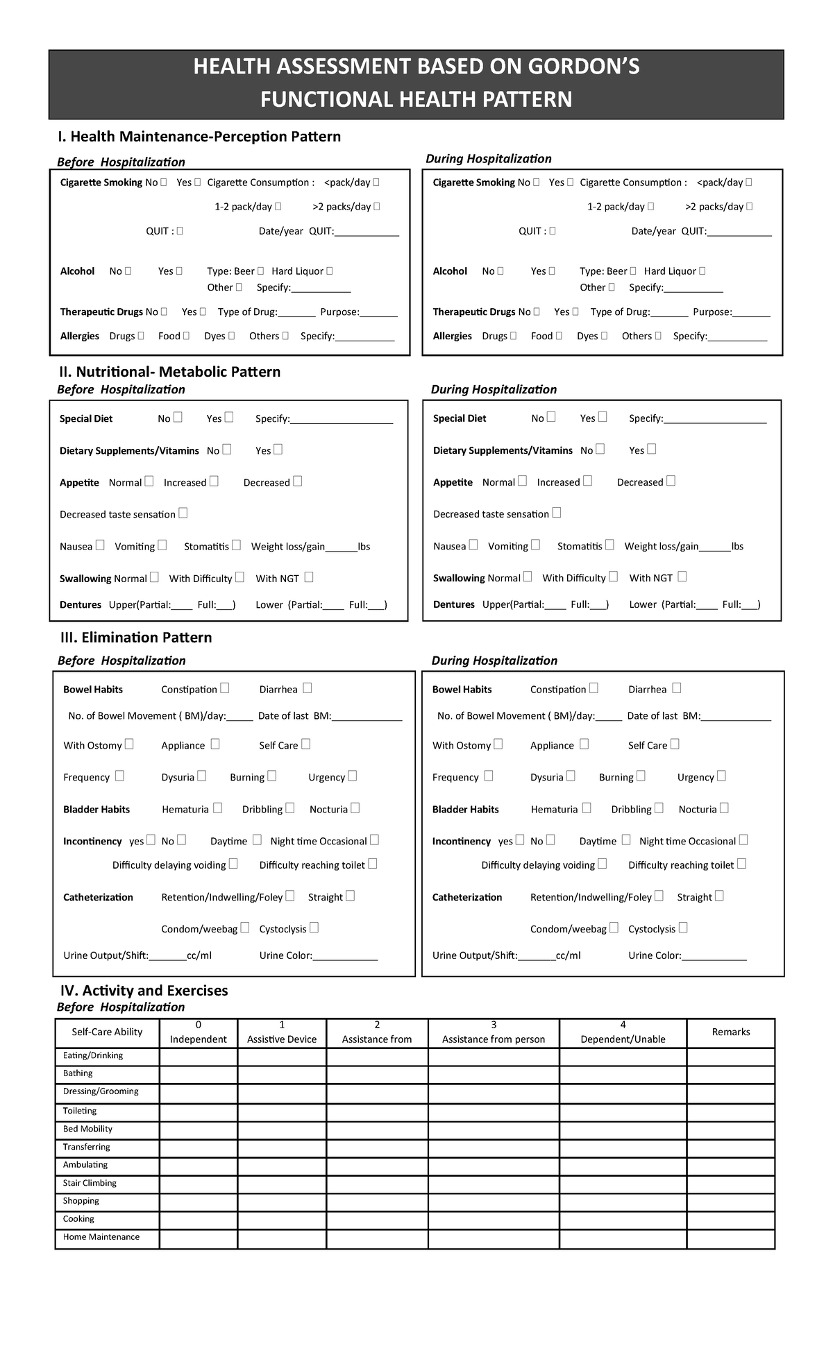 GORDON'S Health Assessment Template: Comprehensive Evaluation Document ...
