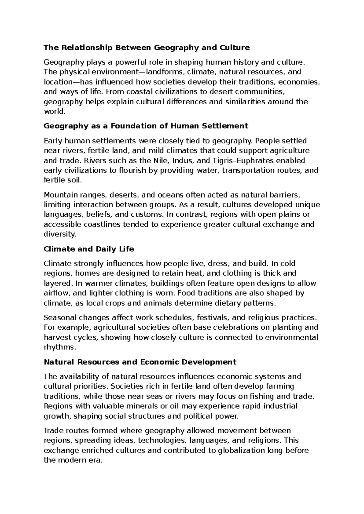 Geography and Culture: Interconnections in Human Development - Studocu