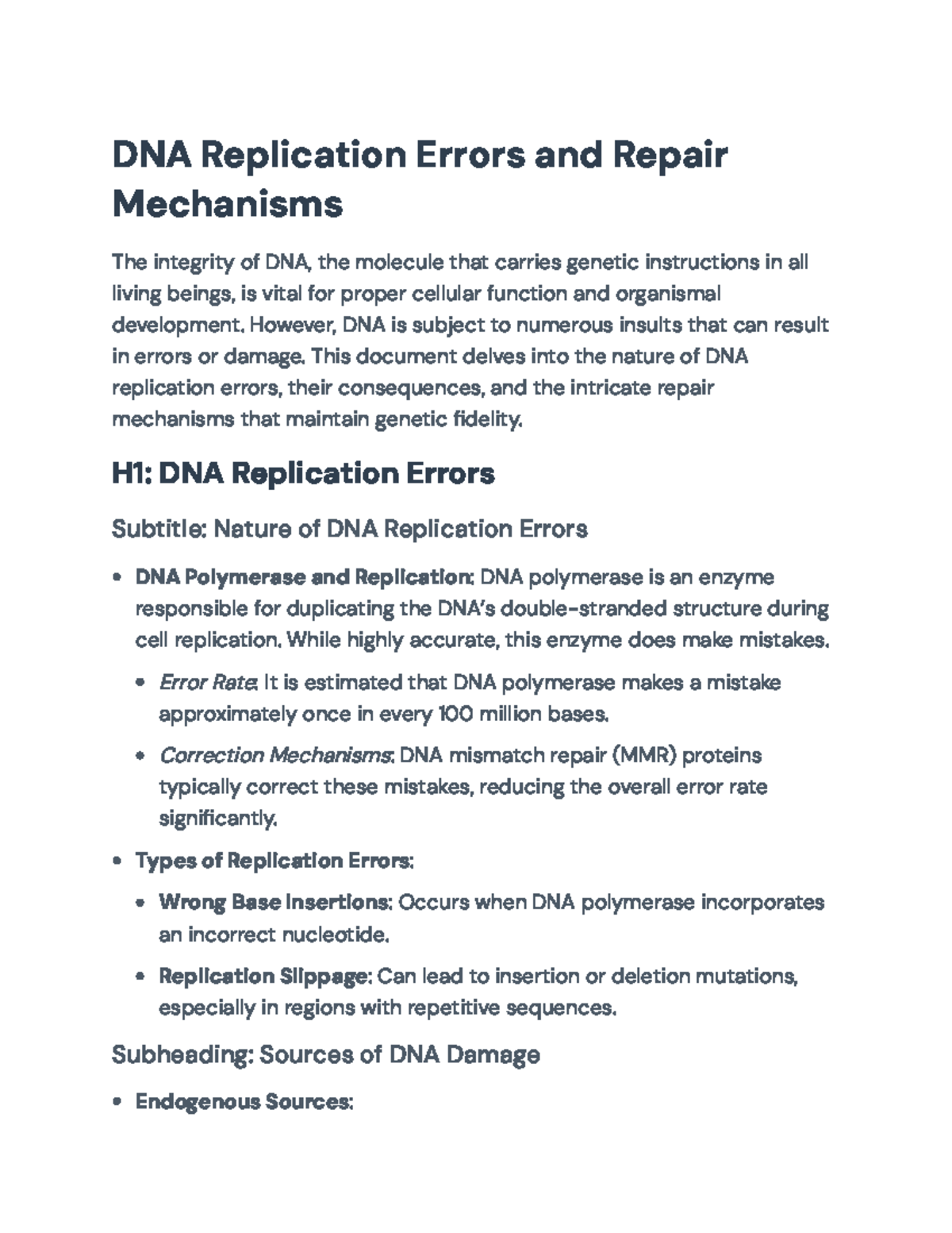 DNA Replication Errors and Repair Mechanisms in Genetic Integrity - DNA ...