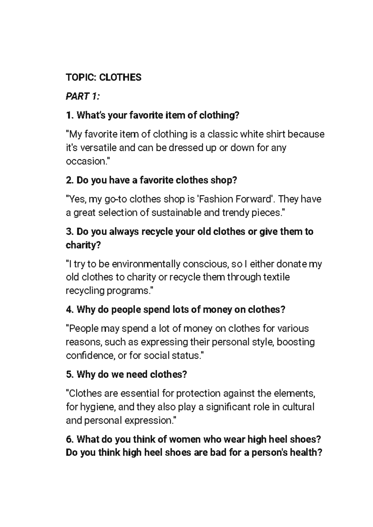 Speaking 2 - Topic Clothes - TOPIC: CLOTHES PART 1 : What’s your ...