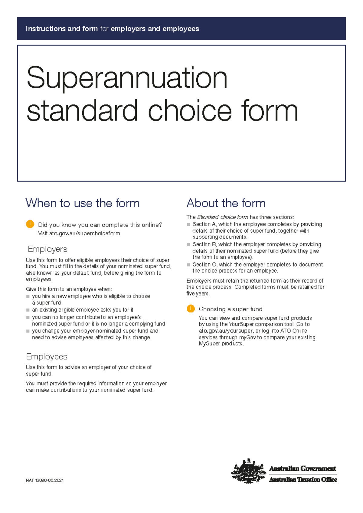 Superannuation Standard Choice Form Instructions for Employers ...