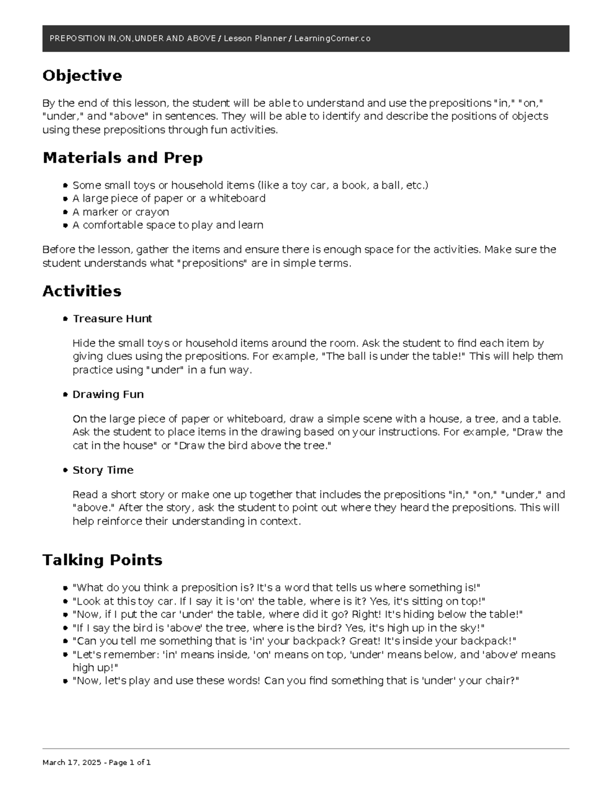 Learning Corner Lesson Plan: Prepositions IN, ON, UNDER, ABOVE - Studocu