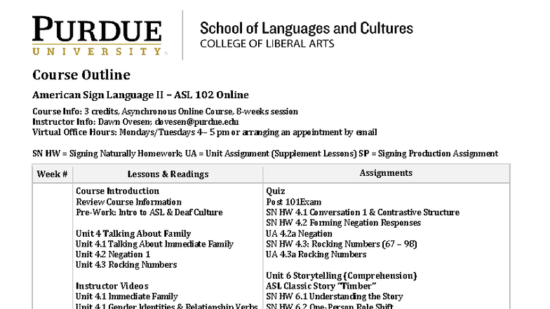 ASL 102 Course Outline: American Sign Language II - Fall 2023 - Studocu