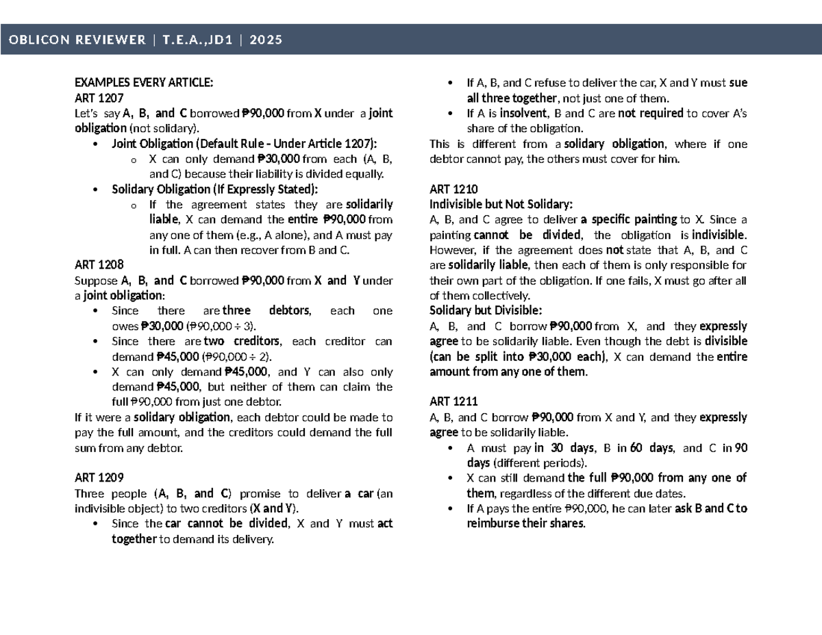 ARTS. 1207-1261 - Obligations and Contacts - EXAMPLES EVERY ARTICLE ...