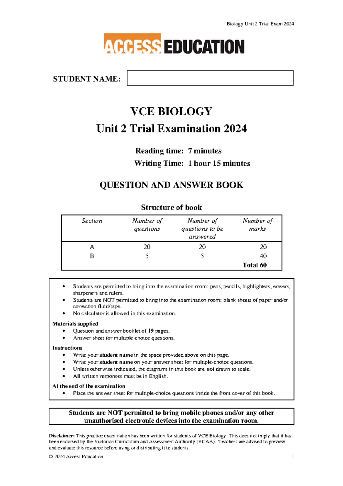 Access Ed VCE Biology Unit 2 Trial Exam 2024 - Studocu