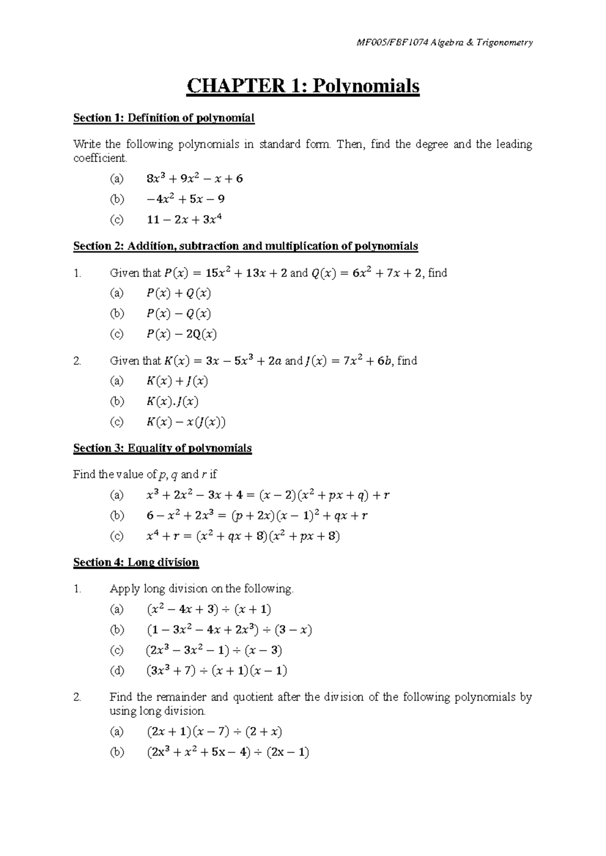 Fbf1074 Algebra Trigonometry CH1: Polynomials & Operations - Studocu