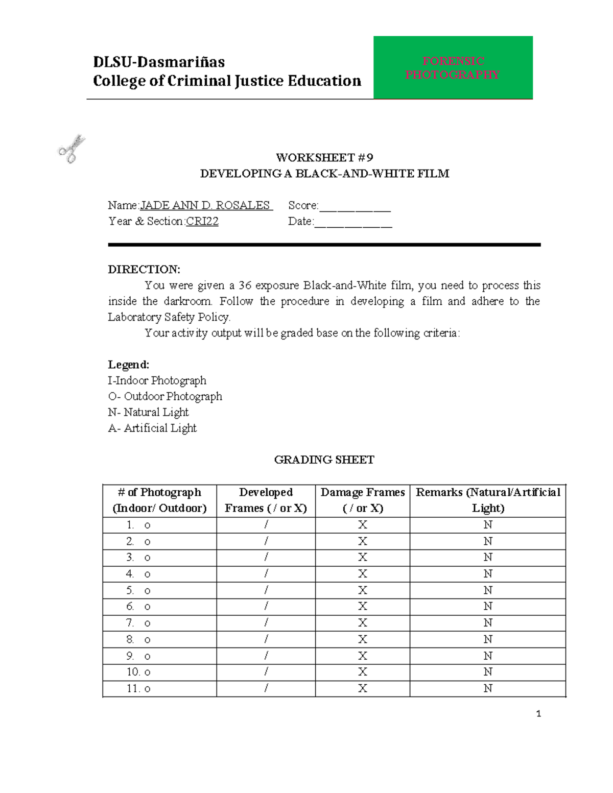 CRI22 Forensic Photography Worksheet 9: Developing a Film Guide - Studocu