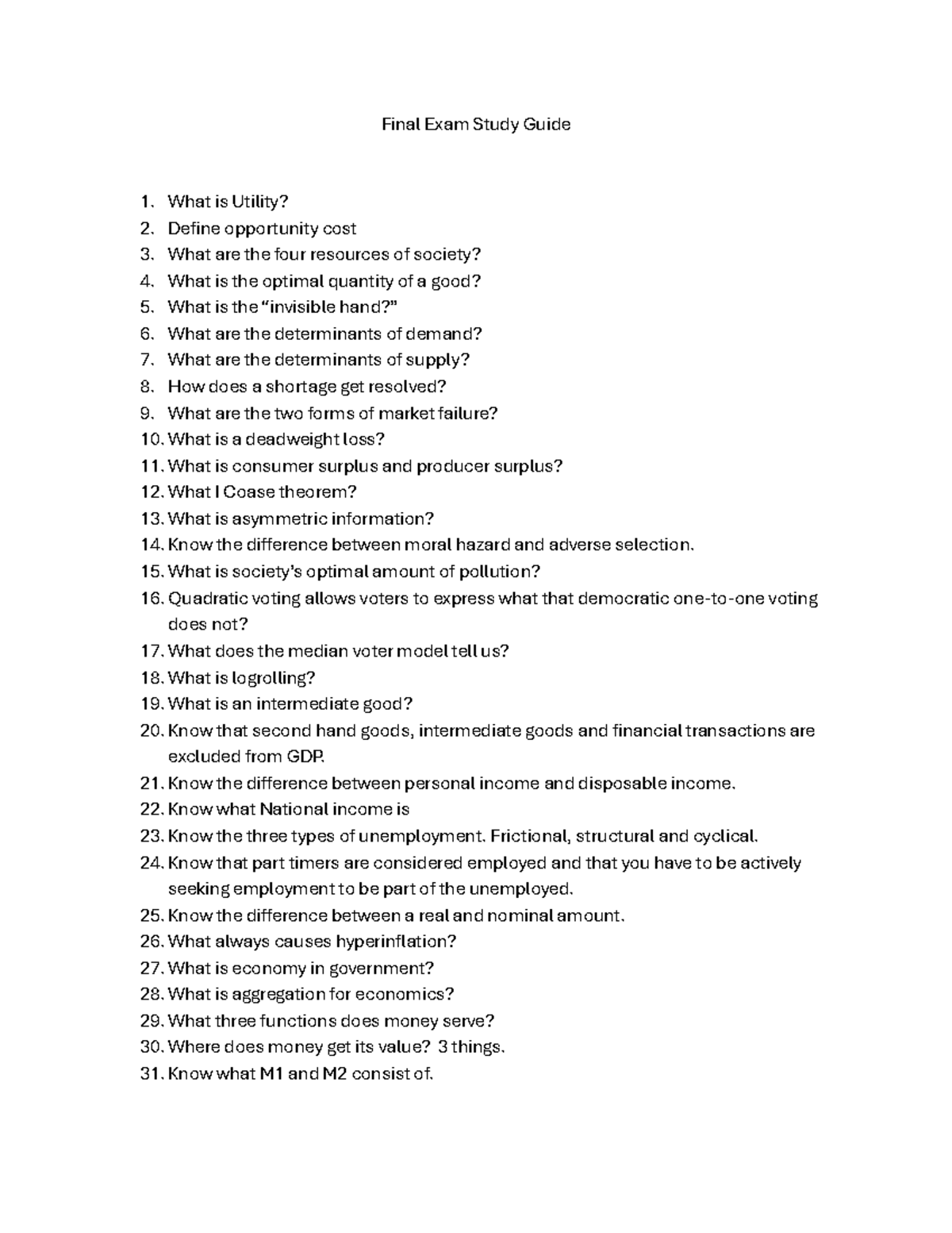 Final Exam Study Guide - Econ 101: Key Concepts & Definitions - Studocu