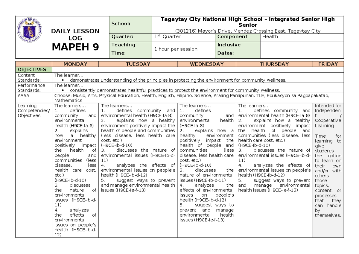 DAILY LESSON LOG MAPEH 9 (301216): Community & Environmental Health ...