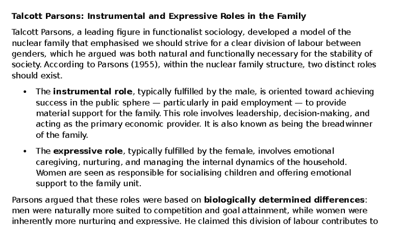 Talcott Parsons' Roles in Family: A Critical Analysis (Sociology 101 ...
