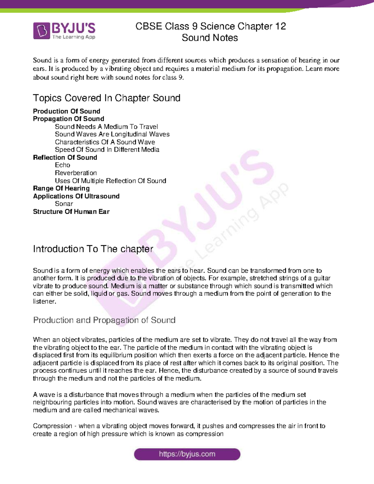 CBSE Class 9 Science: Chapter 12 Sound Study Notes - Studocu