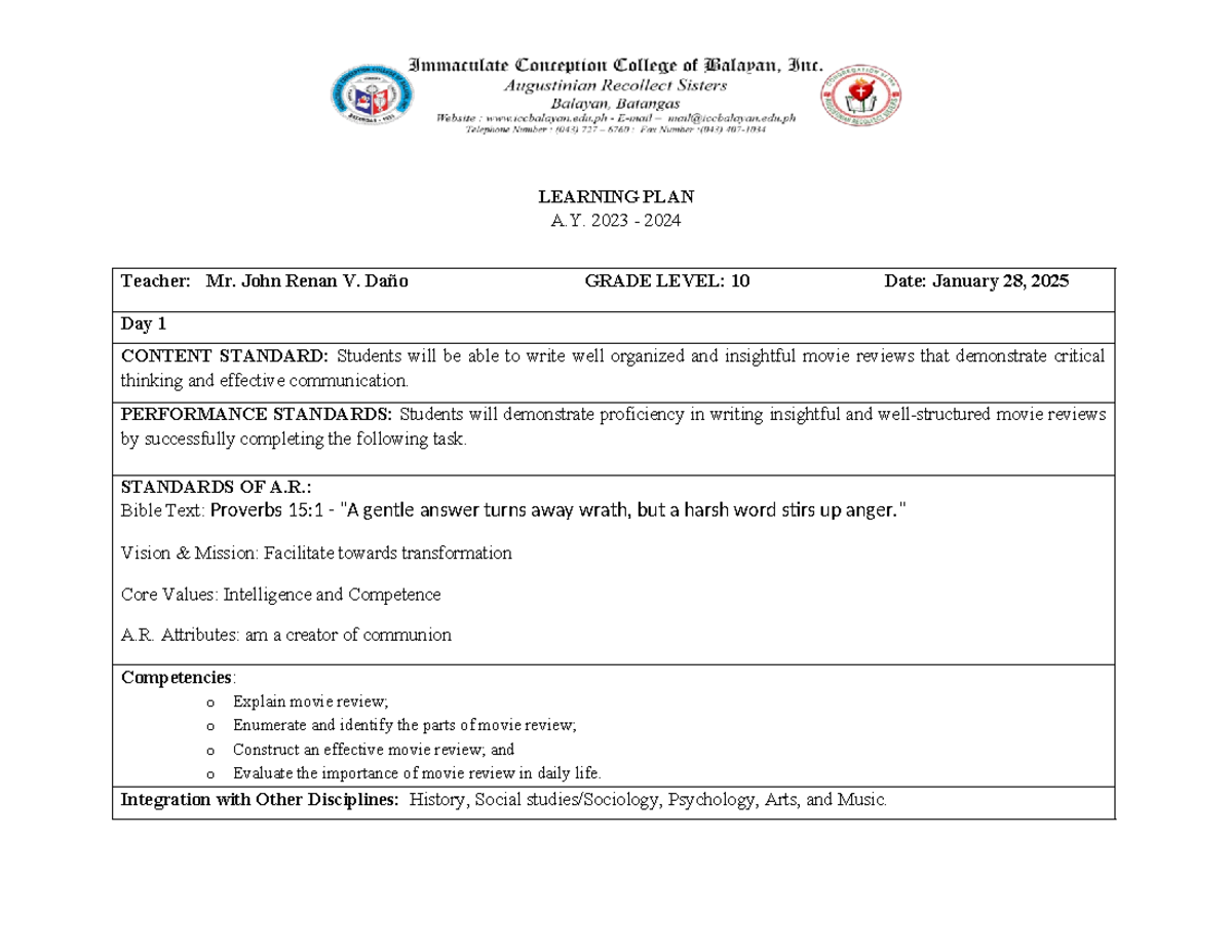 Detailed Lesson Plan for Writing Movie Reviews - English 10 (Dano ...