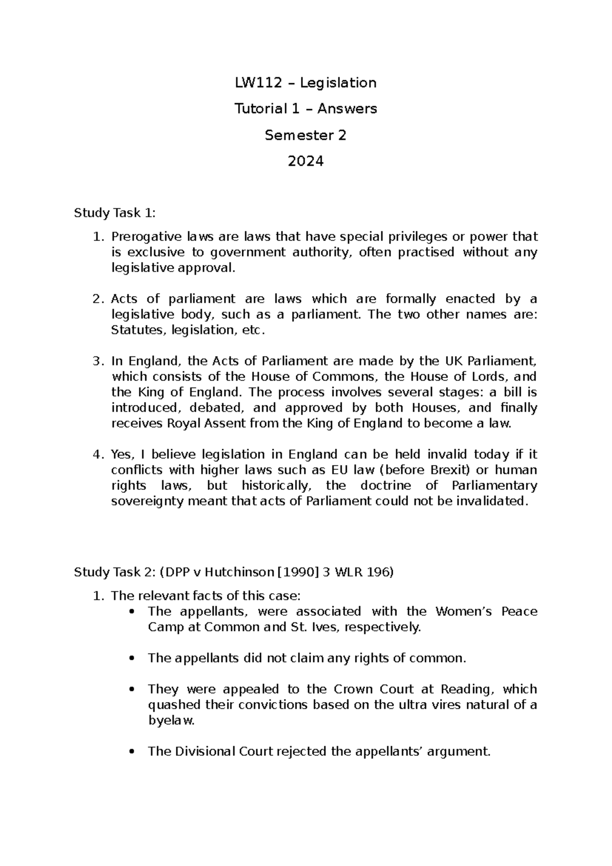LW112 - Week 2 Tutorial 1: Answers on Legislation Concepts - Studocu