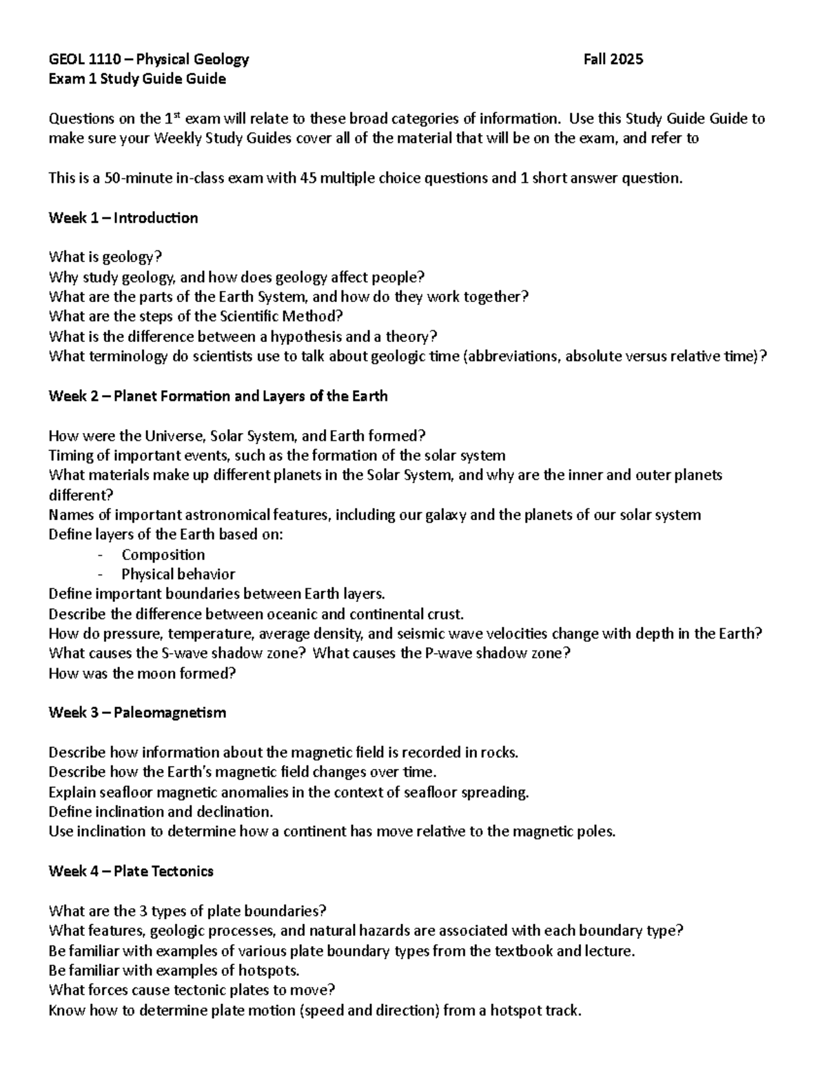 GEOL 1110 – Physical Geology Exam 1 Study Guide for Fall 2025 - Studocu