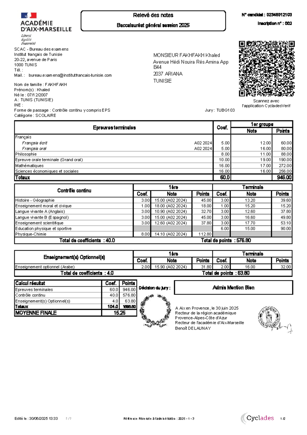Relevé de Notes Baccalauréat Général 2025 - Candidat 02348012103 - Studocu