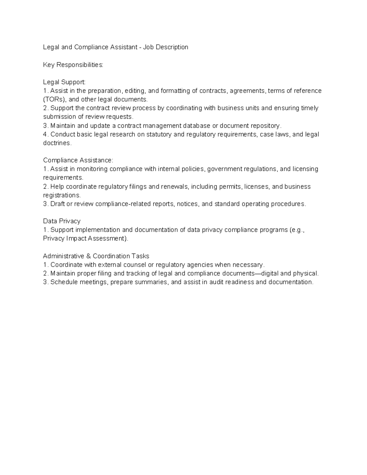 Legal and Compliance Assistant - Job Description Overview - Studocu