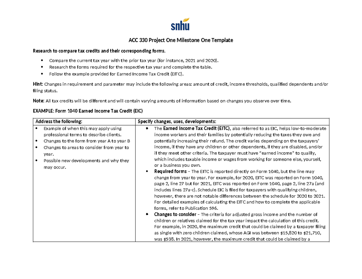ACC 330 Project One Milestone One - Compare the current tax year with the prior tax year (for ...