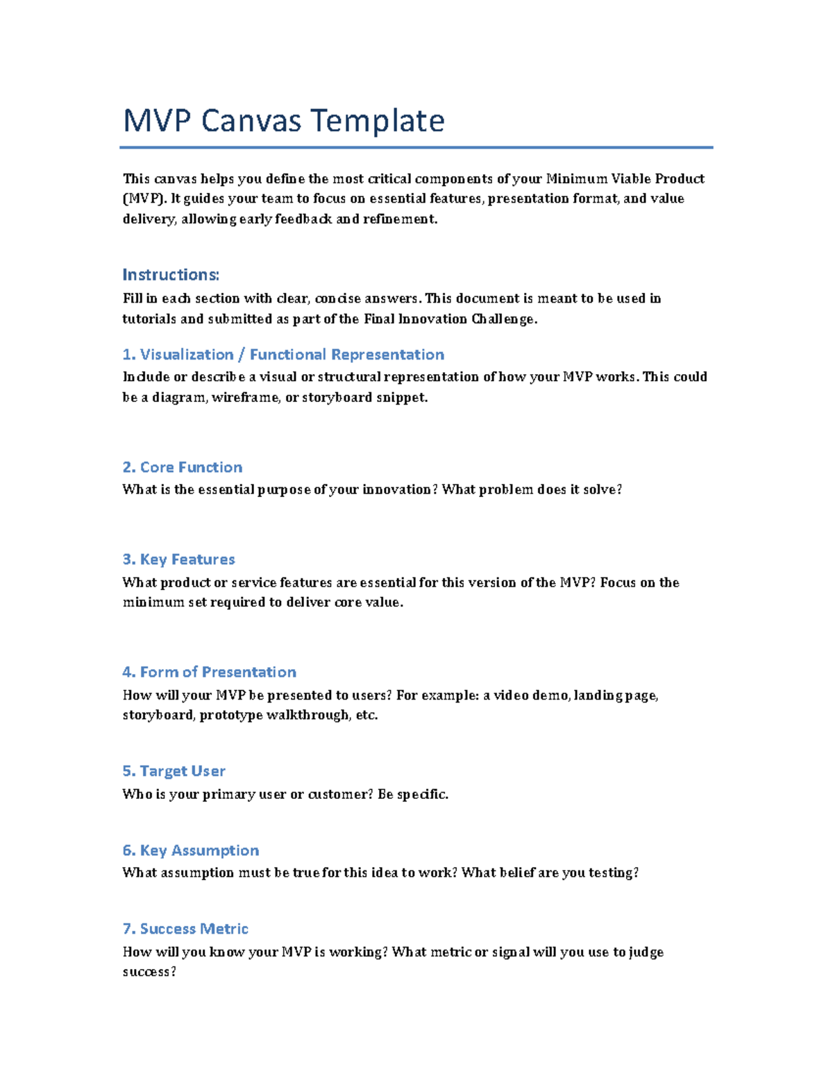 MVP Canvas Template for Final Innovation Challenge - Studocu