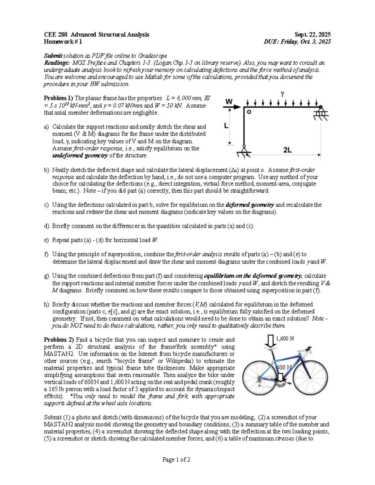 CEE 280 Advanced Structural Analysis Homework 1 - Due Oct. 3, 2025 ...