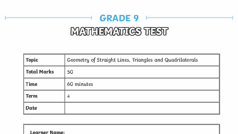 Grade 9 Mathematics Test: Geometry of Lines, Triangles & Quadrilaterals ...