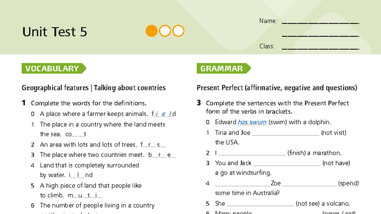 Your World 2 Unit Test 5: Vocabulary, Grammar, Reading, and Listening ...