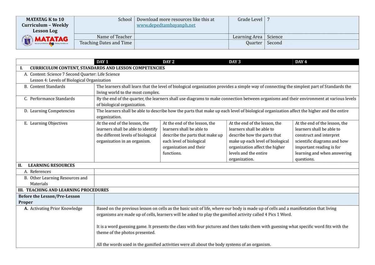 Grade 7 Science Weekly Lesson Log: Levels of Biological Organization ...