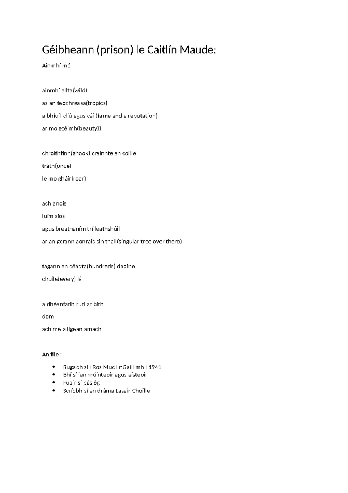 Géibheann (Gilded Cage) Analysis Notes for Irish Literature (IRL 301 ...