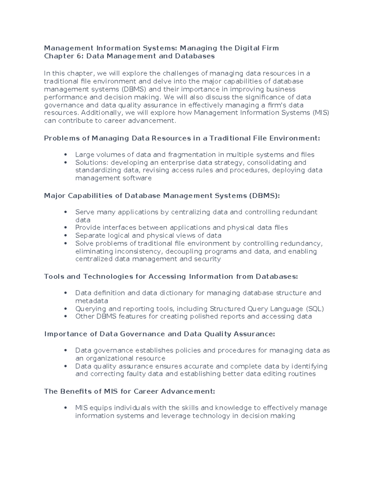 MIS Chapter 6: Data Management & DBMS Capabilities Overview - Studocu