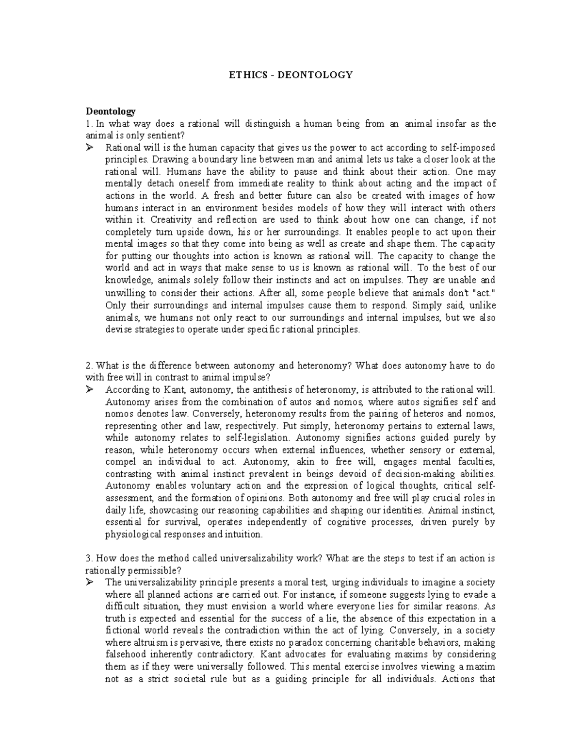 ETHICS 101: Deontology Notes on Rational Will and Autonomy - Studocu
