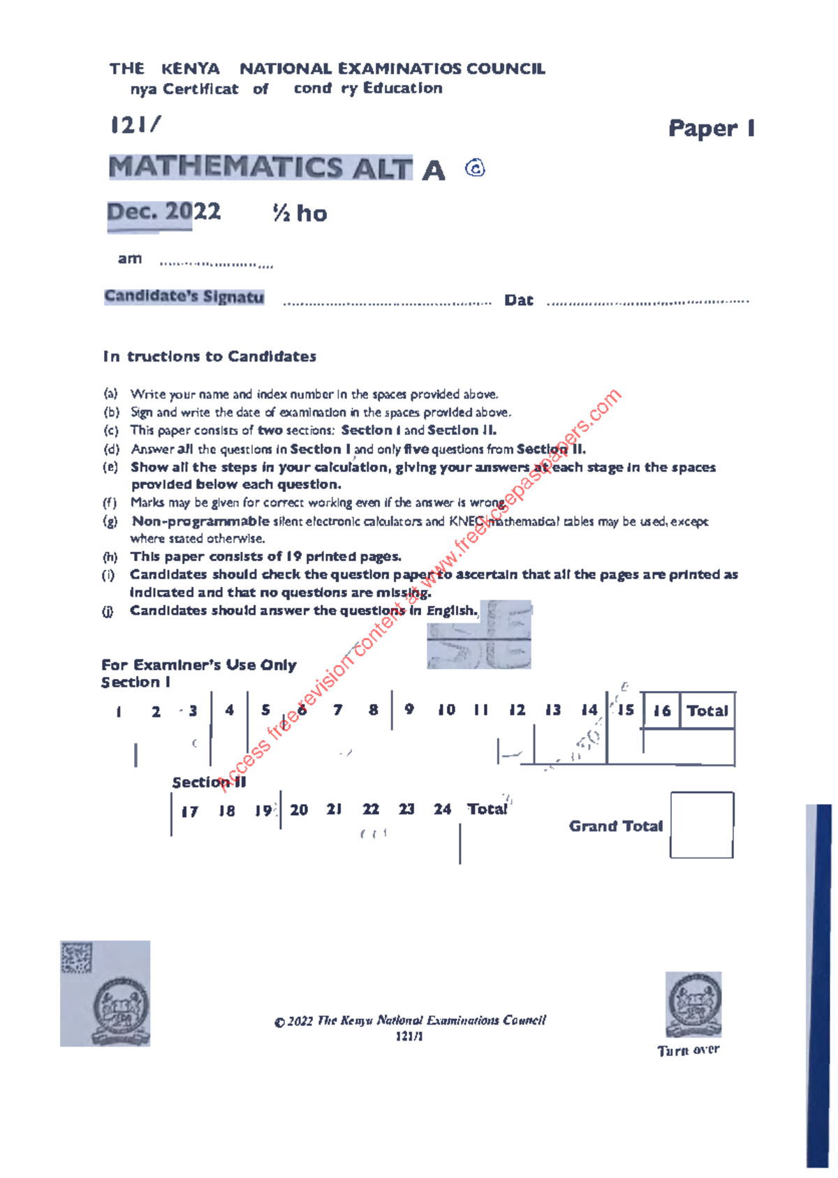 2022 KCSE Mathematics ALT A Paper 1 Questions & Answers - Studocu