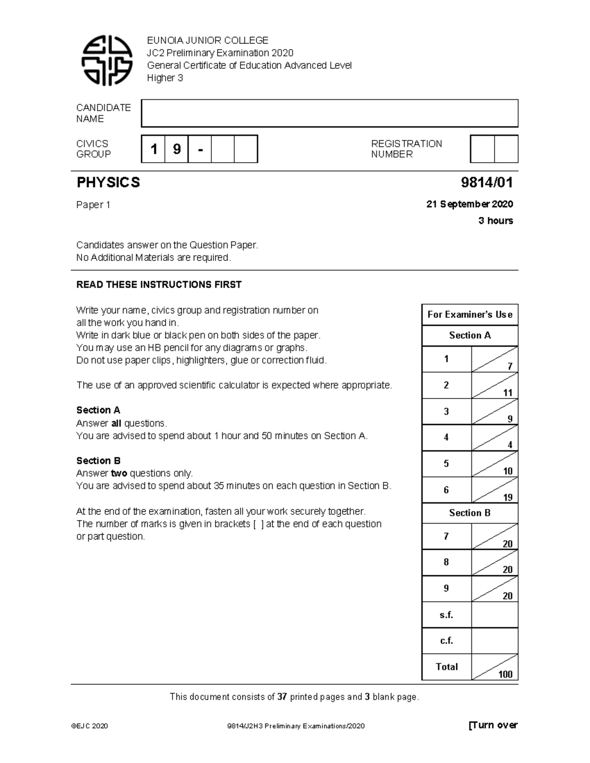 2020 EJC JC2 Physics Preliminary Exam Paper 1 - Studocu