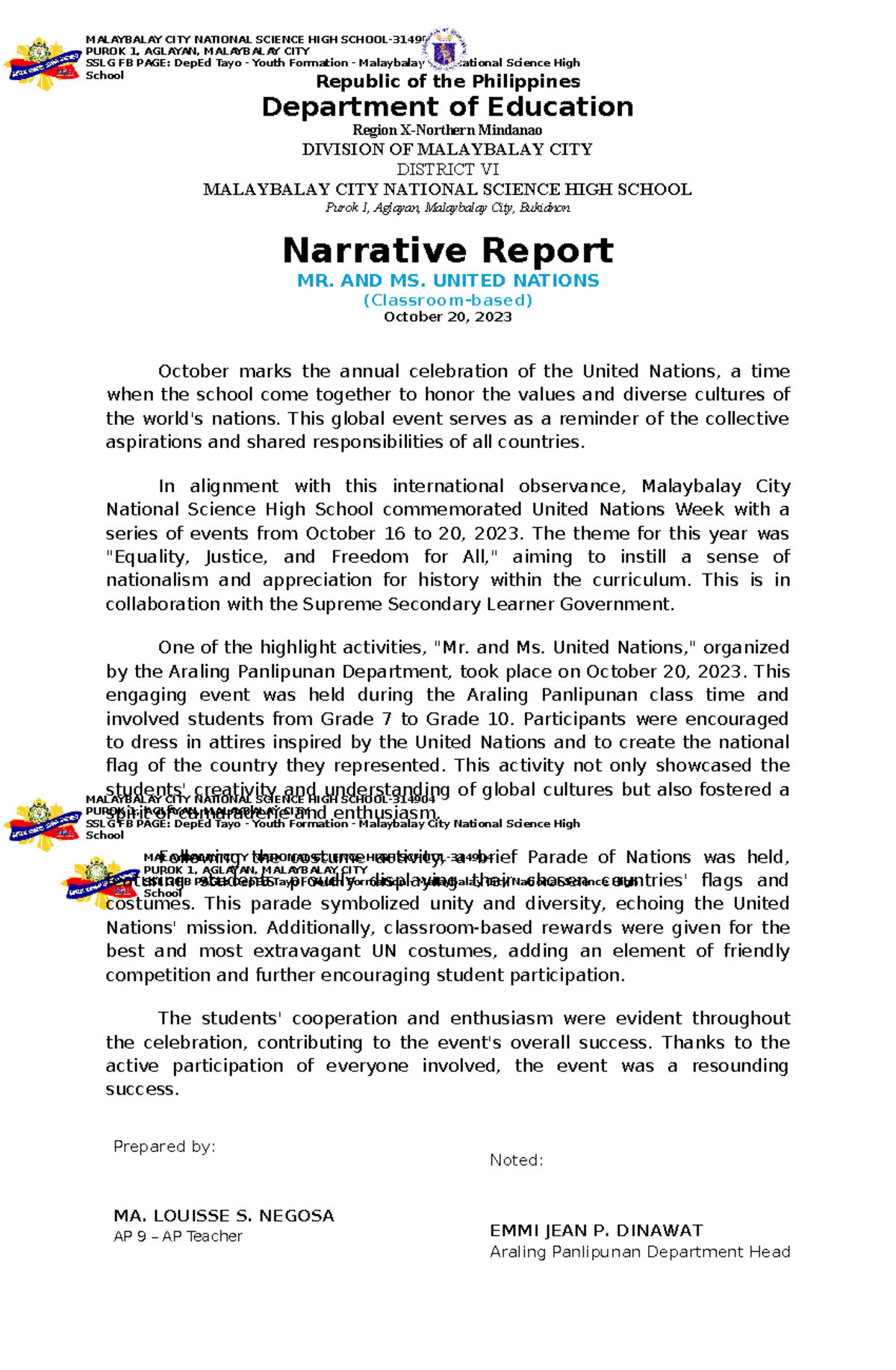 Narrative Report on Mr. and Ms. UN 2023-2024 Event (AP 9) - Studocu