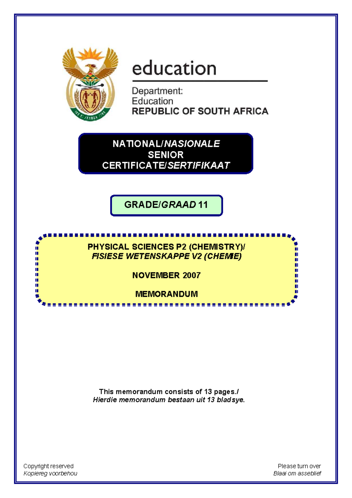 Grade 11 Physical Sciences P2 (Chemistry) November 2007 Memorandum - Studocu