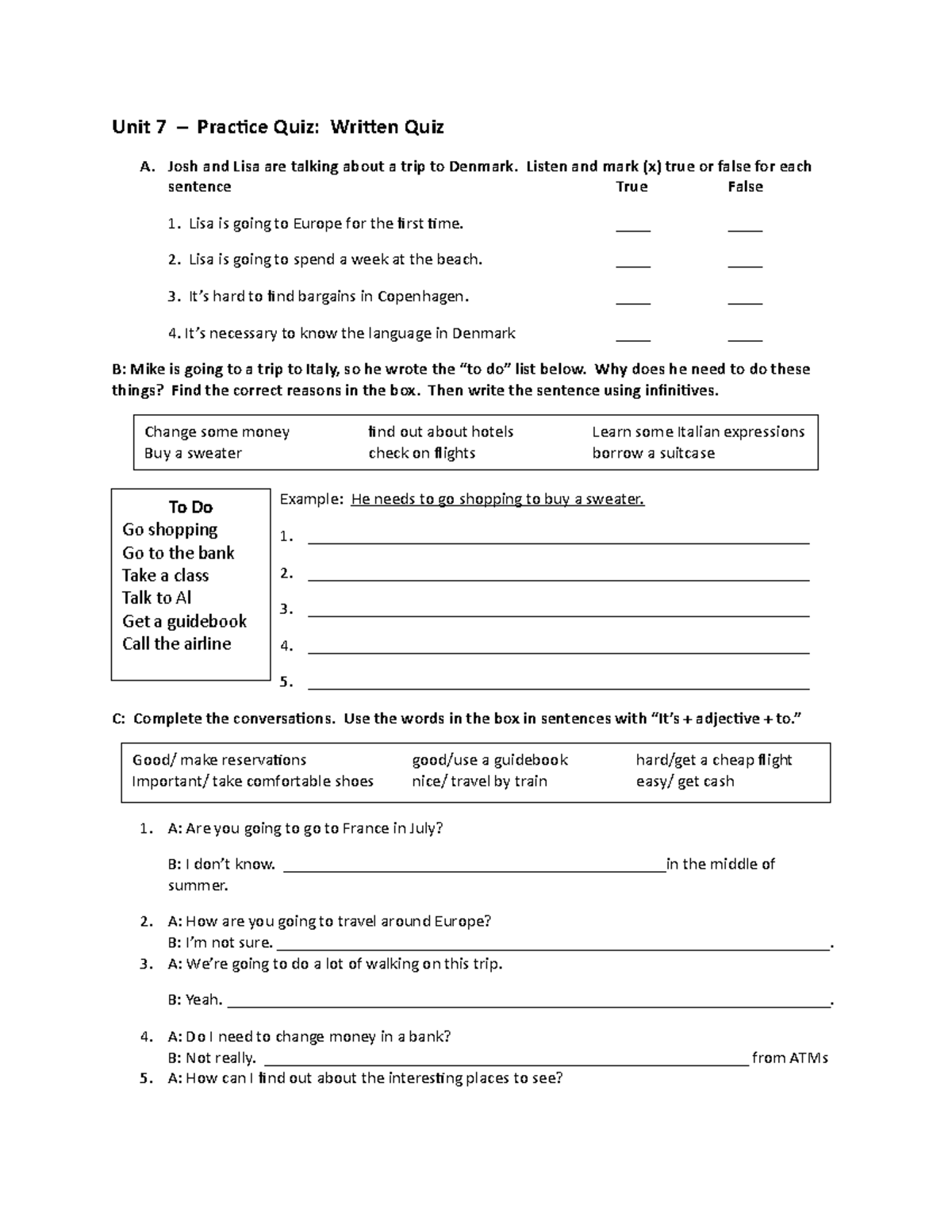 Unit 7 Quiz: Practice Questions on Travel and Conversations - Studocu