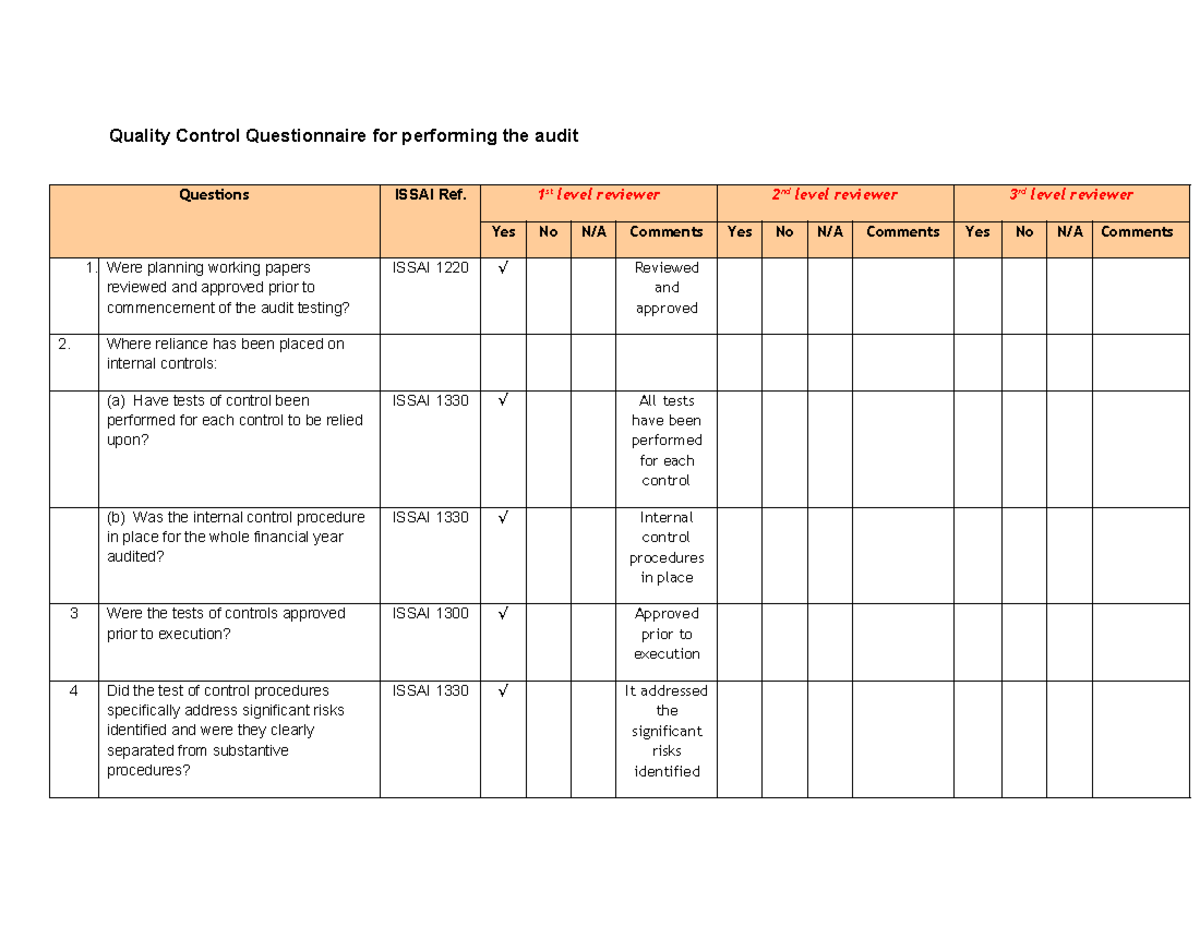 Quality Control Questionnaire for Audit - FAM - Studocu
