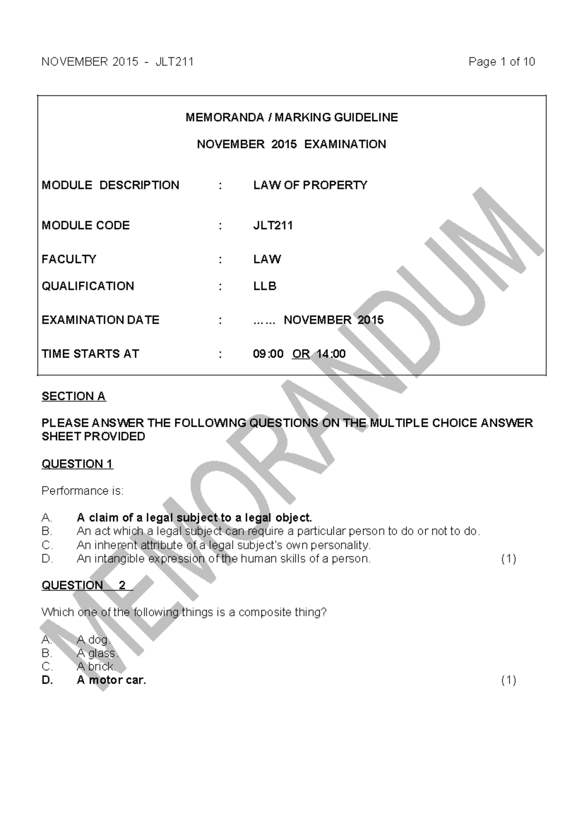 JLT211 November 2015 - Final Exam Memorandum Marking Guidelines - Studocu