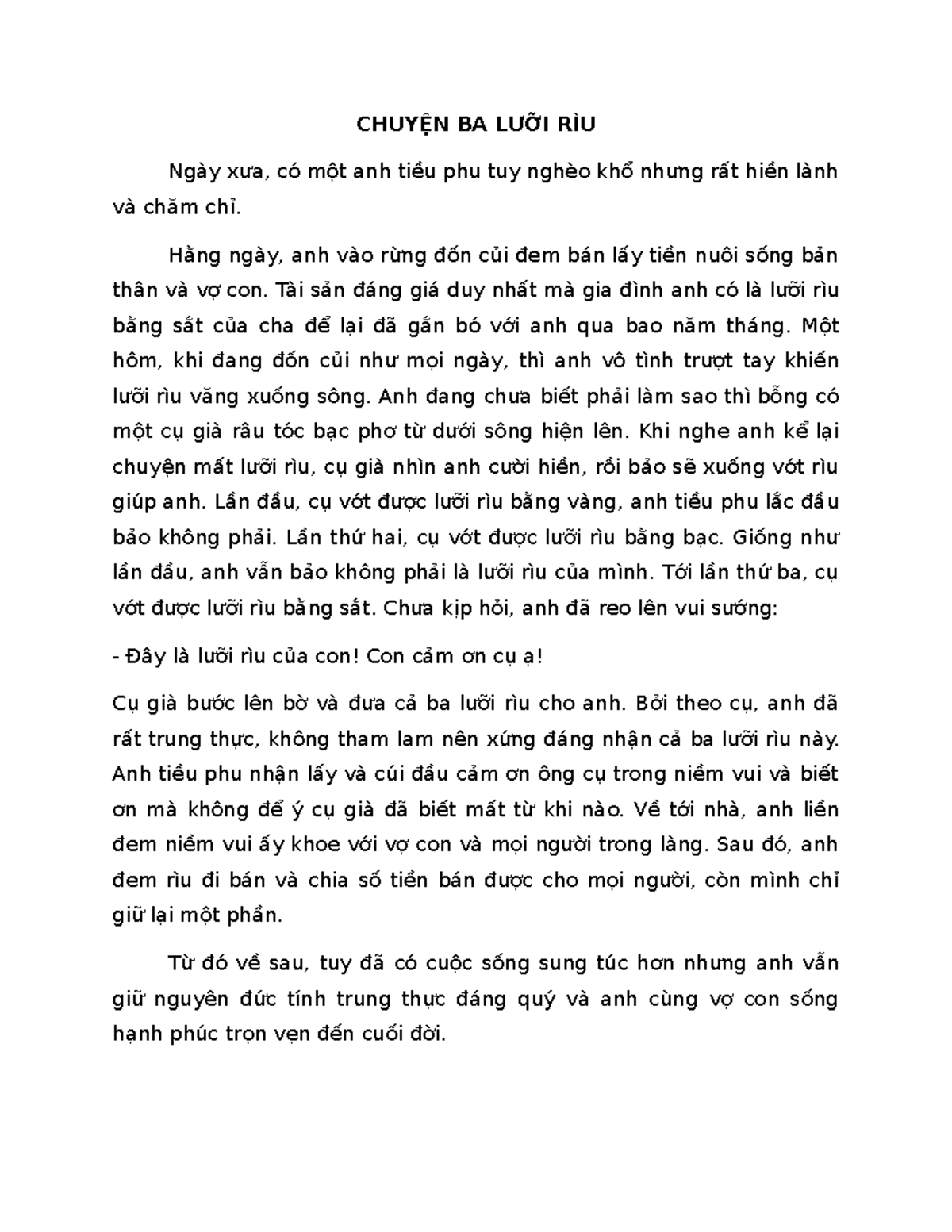 CHUYỆN BA LƯỠI RÌU - Câu Chuyện Về Đức Tính Trung Thực - Studocu