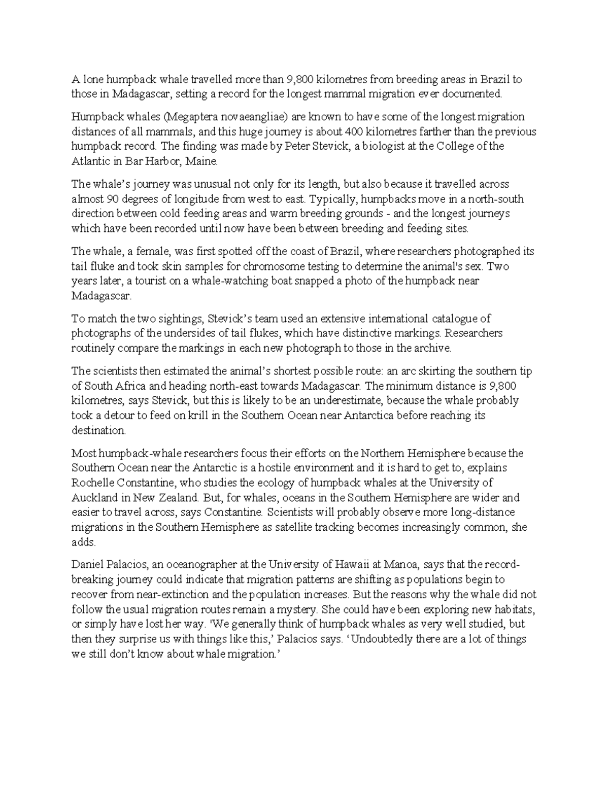 Lesson 15 Reading HO - Humpback Whale Migration Record - Studocu